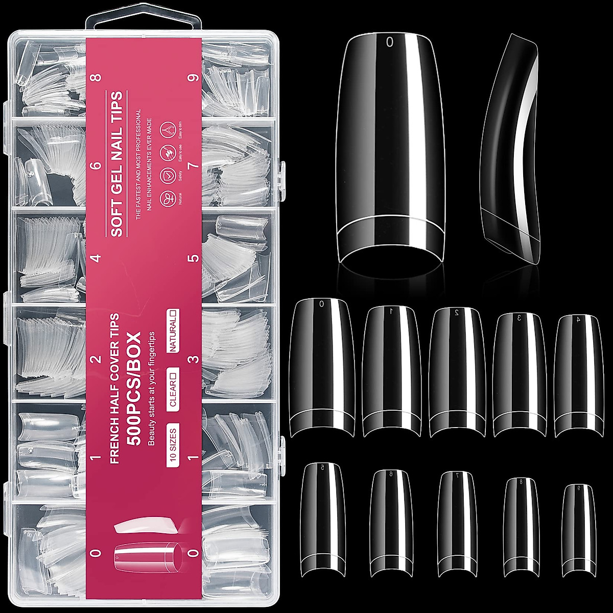 krofaue 500PCS Clear False Nails Tips, Half Cover Lady French Style Acrylic Artificial Tip Manicure with Box of 10 Sizes for Nail Tips Art Salons and Home DIY…
