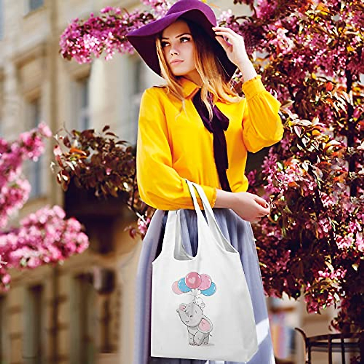 CGBE Canvas Tote Bags, Reusable Grocery Bags with Inner Pockets, Cute Tote Bag Cloth Aesthetic Shopping Bags for Women Large Capacity Machine Washable (Elephant)