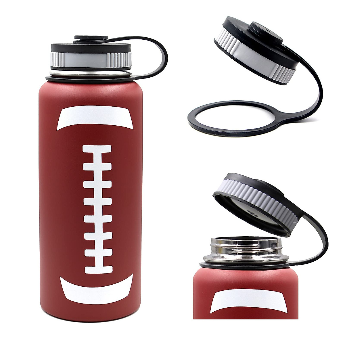 Football Water Bottle, Wide Mouth Metal Thermo Flask with 2 Lids, Stainless Steel Travel Tumbler Double Wall Vacuum Leak Proof Insulated Sports Water Bottles, Gifts for Mom Men Lovers (32oz, Football)