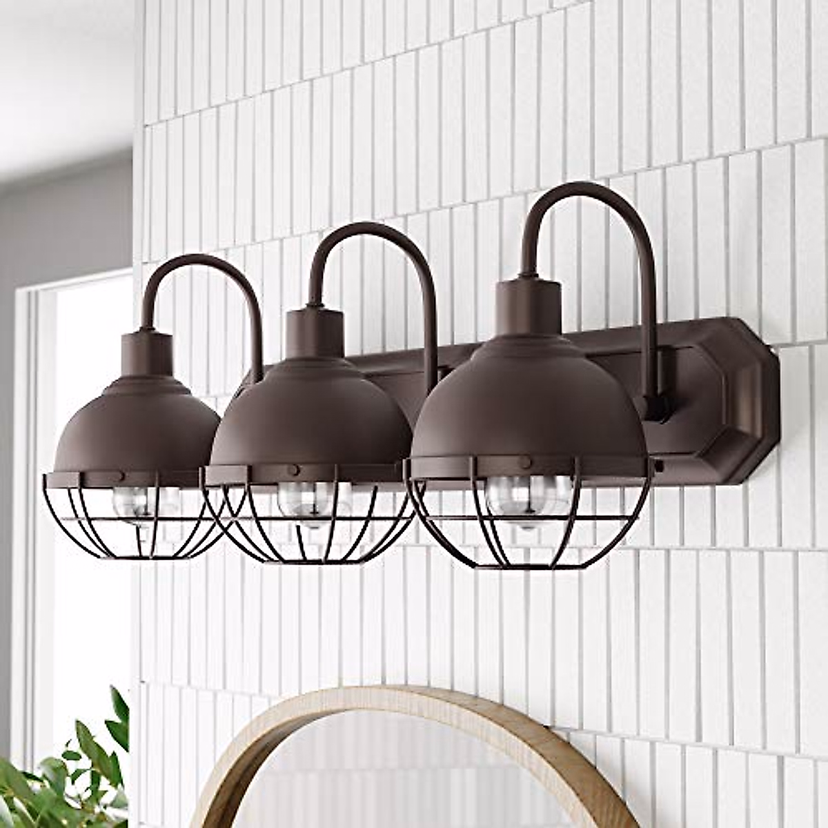 Globe Electric 51620 Eli 3-Light Caged Vanity Light, Dark Bronze, Bulbs Included, 220 Lumen