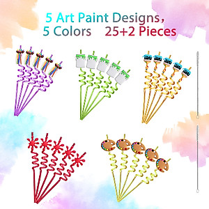 25 Reusable Art Painting Straws for Sip and Paint Brushes Birthday Party Supplies Decorations Favors,Welcome Back to School Party Supplies Gift with 2 Cleaning Brushes