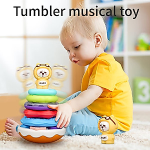 LZZAPJ Stacking Rings Baby Toy, Toddler Educational Learning Shape Sorter and Stacker Playset, Infant Face Changing Wobble Tumbler Musical Toy, Sensory Montessori Toys for Babies 6-12 Months Boy Girl