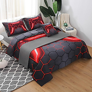 JQinHome Full Gamer Comforter Set for Boys Girls Kids,6 Piece Bed in A Bag 3D Video Game Bedding -All Season Soft Microfiber Down Alternative Comforter Gamer Bedding Sets with Sheets （Red）
