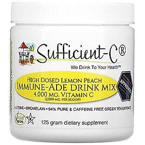 Sufficient-C High Dose Non-GMO Vitamin C Lemon Peach Immune-Ade Drink Mix, Convenient 125 Grams - with L-lysine, Bromelain and a Premium 96% Pure Green Tea Extract - immune, thyroid and collagen support for healthy skin - UTI, acne, cold and canker sore,