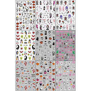 JMEOWIO 9 Sheets Halloween Nail Art Stickers Decals Self-Adhesive Pegatinas Uñas Horror Ghost Witchy Spider Web Bat Cat Pumpkin Spook Nail Supplies Nail Art Design Decoration Accessories