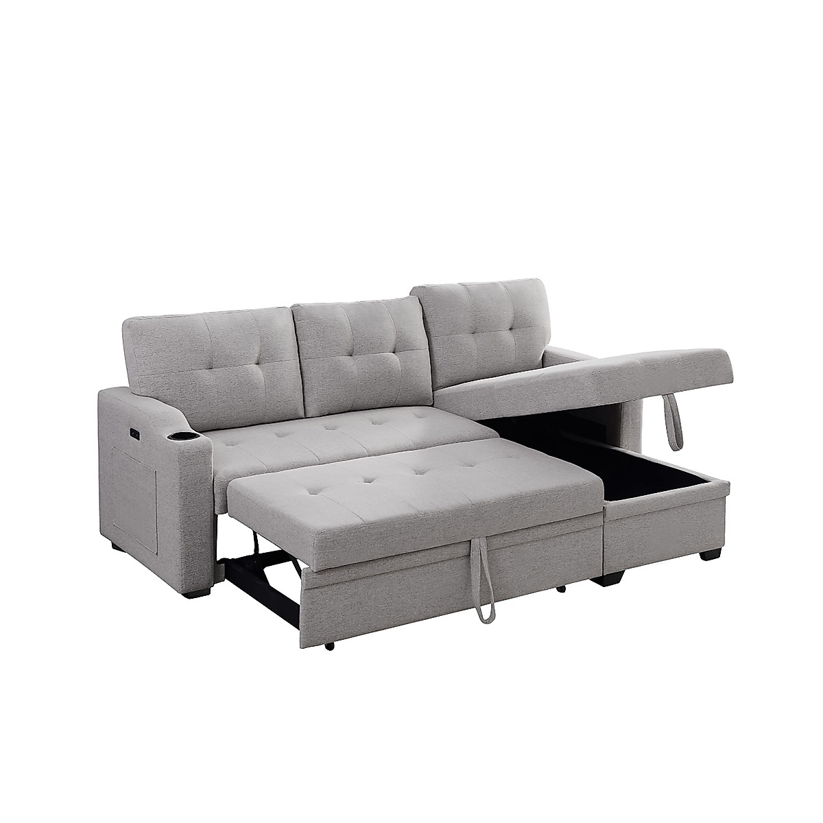 Lilola Home Mabel Light Gray Linen Fabric Sleeper Sectional with cupholder, USB Charging Port and Pocket
