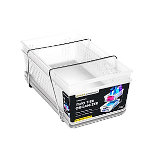 madesmart 2-Tier Organizer Slide-Out Baskets with Handles, Space Saving, Multi-Purpose Storage & BPA-Free, Large, Frost-with Dividers