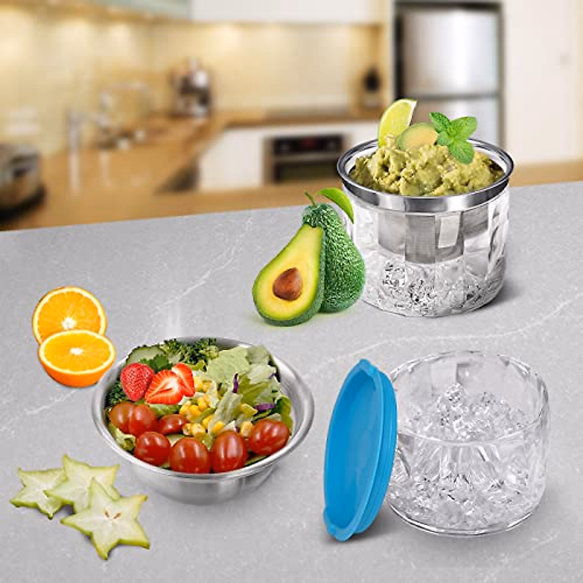 INNOVATIVE LIFE Ice Chilled Dip Bowl 2Pack, 25oz Stainless Steel Serving Bowl with Acrylic Base, Iced Salad Bowl for Fruit, Sauces, Dressing