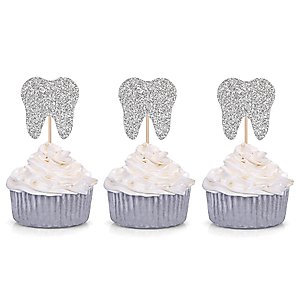 Glittery Tooth Cupcake Toppers Kids Birthday Party Baby Shower Dessert Decorations - Set of 24
