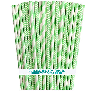 Paper Drinking Straws - Mint Green White - Stripe Chevron - 7.75 Inches - 100 Pack - Outside the Box Papers Brand