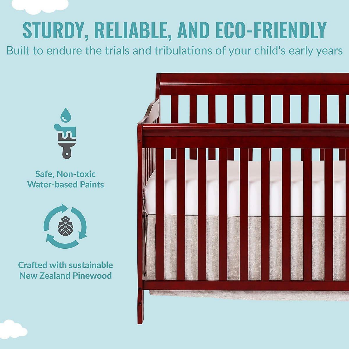 Ashton 4-In-1 Convertible Crib In Cherry, Greenguard Gold, JPMA Certified, Non-Toxic Finishes, Features 4 Mattress Height Settings, Made Of Solid Pinewood