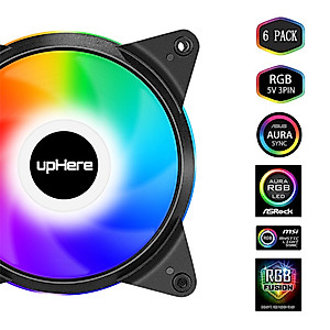 upHere 5V 6-Pack 120mm Silent Intelligent Control 5V Addressable RGB Fan Motherboard Sync, Adjustable Colorful Fans with Controller T3SYC3-6