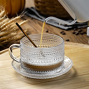 Gezzeny Vintage Coffee Mugs with Saucers 14 Oz Set of 2 Embossed Glass Cups, Tea Cups, Glass Coffee Cups for Cappuccino, Latte,Cereal, Beverage Birthday Valentine's Day Gifts