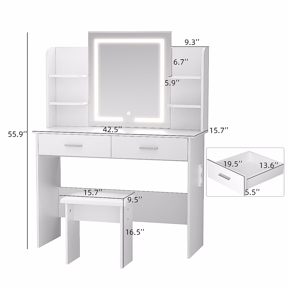 SMOOL Vanity with Lighted Mirror, Makeup Vanity Desk with Power Outlet, 3 Color Light Options Adjustable Brightness, Vanity Table with 6 Storage Shelves, 2 Large Drawers and Cushioned Stool, White