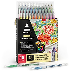 ARTEZA Dual Tip Brush Markers, Set of 48, Art Markers with Fine and Brush Tips, Dual Tip Pens for Adult Coloring, Calligraphy, Sketching, Doodling