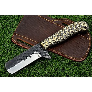 Carbon steel blade Bull cutter knife, 8.5 inches long knife with Leather sheath, Multi color Micarta scale Jigged with sturls, Embossed carbon steel blade, Embossed Leather sheath with belt loop (Black and Beige)