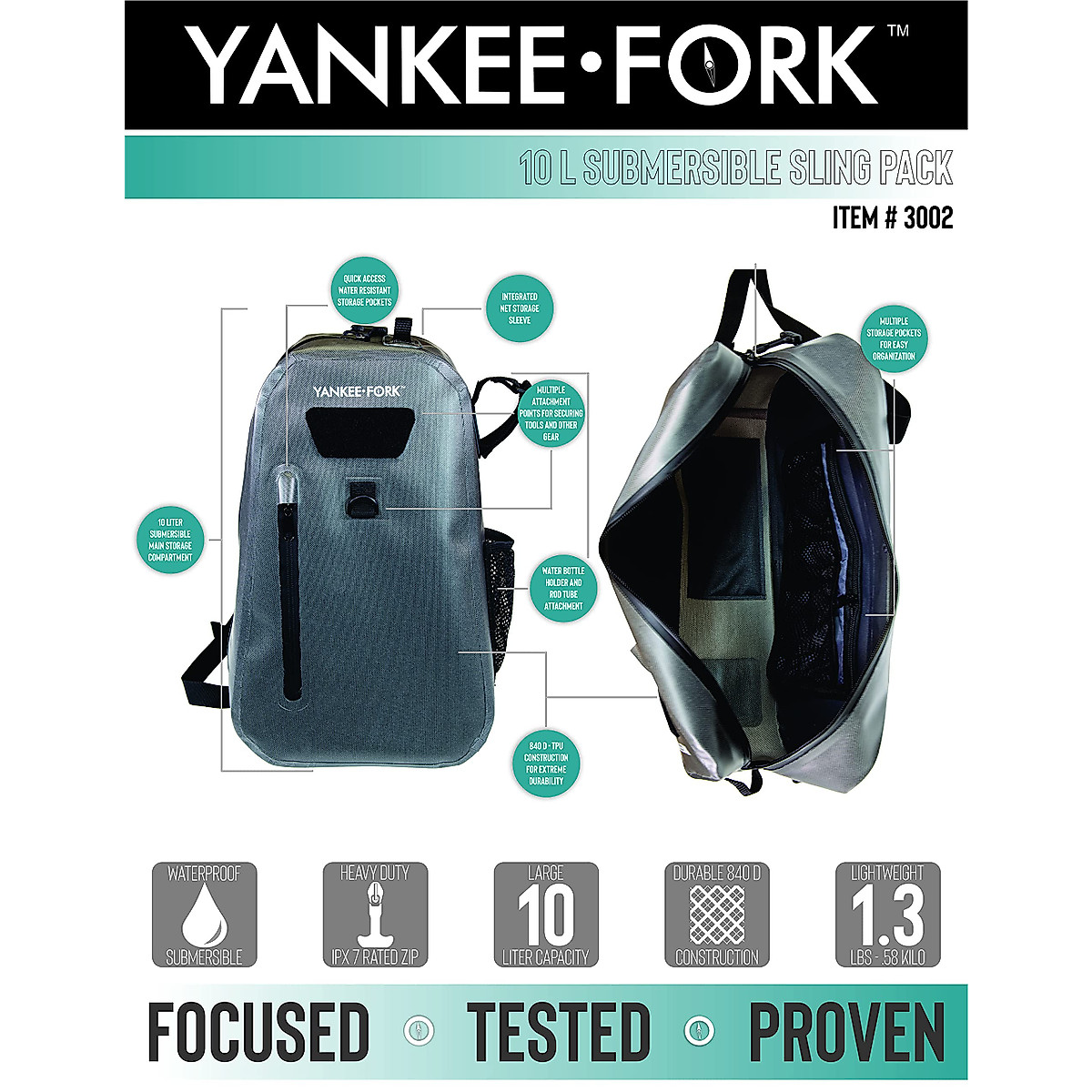 YANKEE FORK - Submersible Sling Pack - Waterproof Main Compartment, Water Resistant Exterior Pocket - 10 Liter - Holds Gear