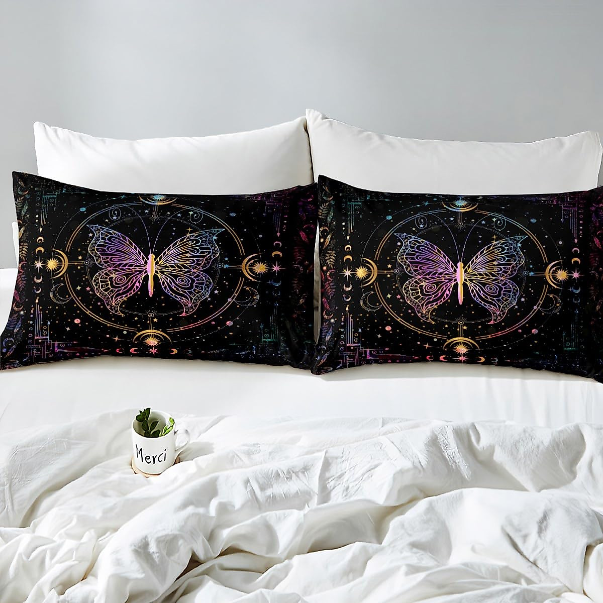 jejeloiu Butterfly Bedding Set Twin Size Kids Sun Moon Comforter Cover Set for Boys Girls Teens Bohemian Duvet Cover Bedspread Cover Room Decorations Quilt Cover(No Comforter)
