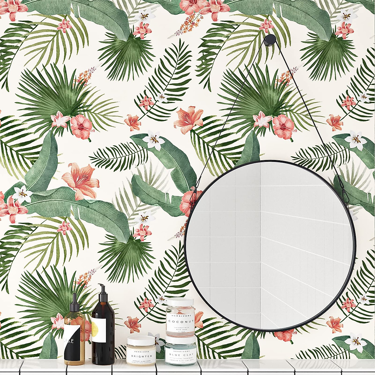 WESTICK Green Floral Wallpaper Self Adehesive Tropical Wall Paper Palm Tree Peel and Stick Botanical Vinyl Wallpaper Banana Leaf Pink Amaryllis Flower Contact Paper for Cabinets 17.5 x 118 inch
