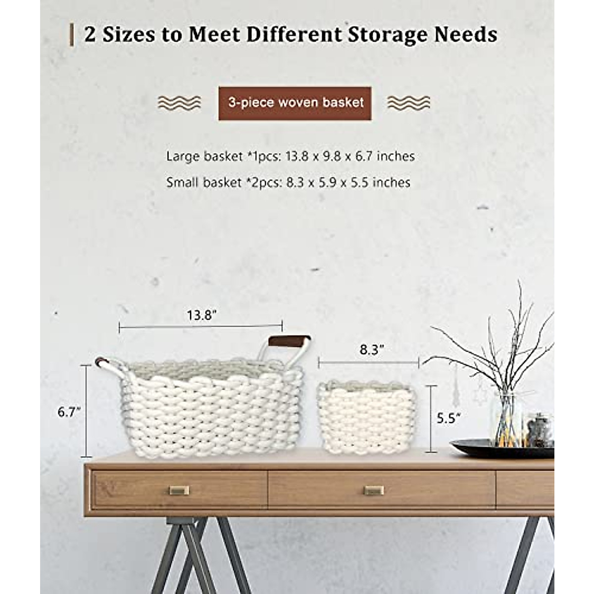 3-Piece Woven Baskets for Storage, Verkigle White Cotton Rope Basket with Handle, Decorative Cute Baskets for Room Desktop Organizing, Empty Gift Basket, Small Shelf Basket for Baby Nursery