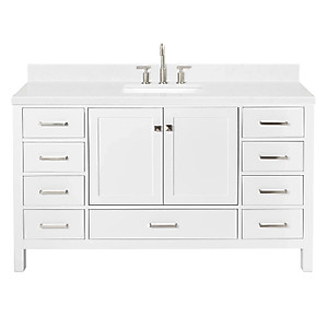 ARIEL Cambridge 60" White Bathroom Vanity, 1.5" Edge Carrara White Quartz Countertop & Splash, Rectangular Sink, 2 Soft Closing Doors, 9 Full Extension Dovetail Drawers, Brushed Nickel
