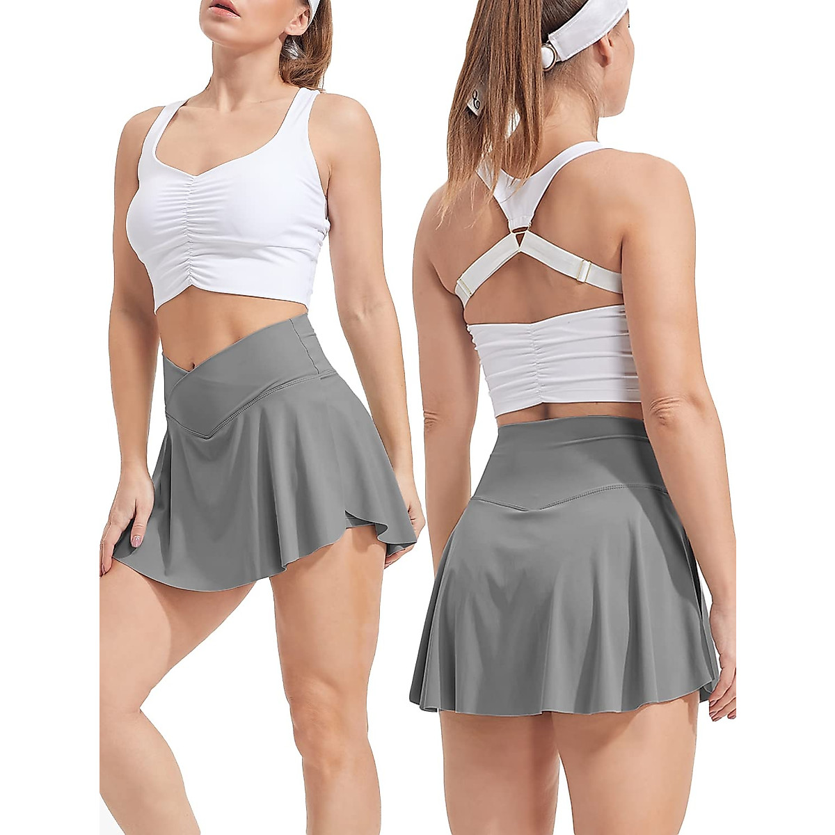 RIOJOY Tennis Skirts for Women with Pockets Inner Shorts Cross High Waisted Golf Athletic Running Workout Sports Outfits(A# V-Waist Grey,S)