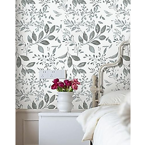 MelunMer Grey Leaf Peel and Stick Wallpaper Boho - Modern Contact Paper Floral Self Adhesive Removable Wallpaper for Bedroom Bathroom Waterproof Gray Contact Paper for Cabinets 78.7 in L 17.3In W