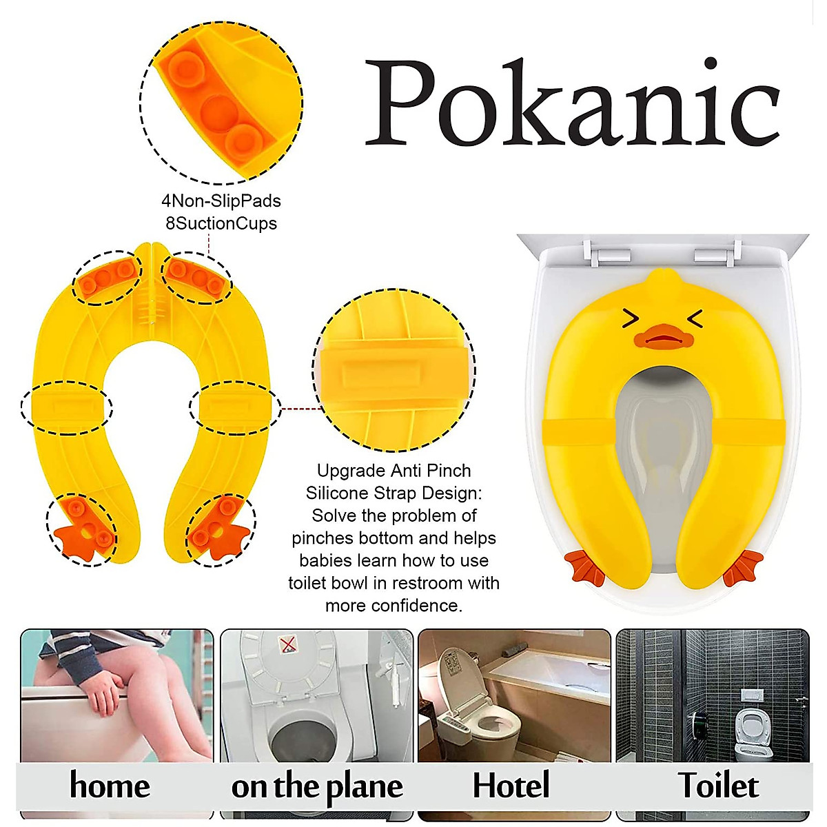 POKANIC Toilet Potty Training Seat Cover, Travel Toilet Seat, Folding Non Slip Silicone Pads, Travel Portable Reusable Kids Toddlers Boys Girls, Carry Bag (Yellow - Duck)