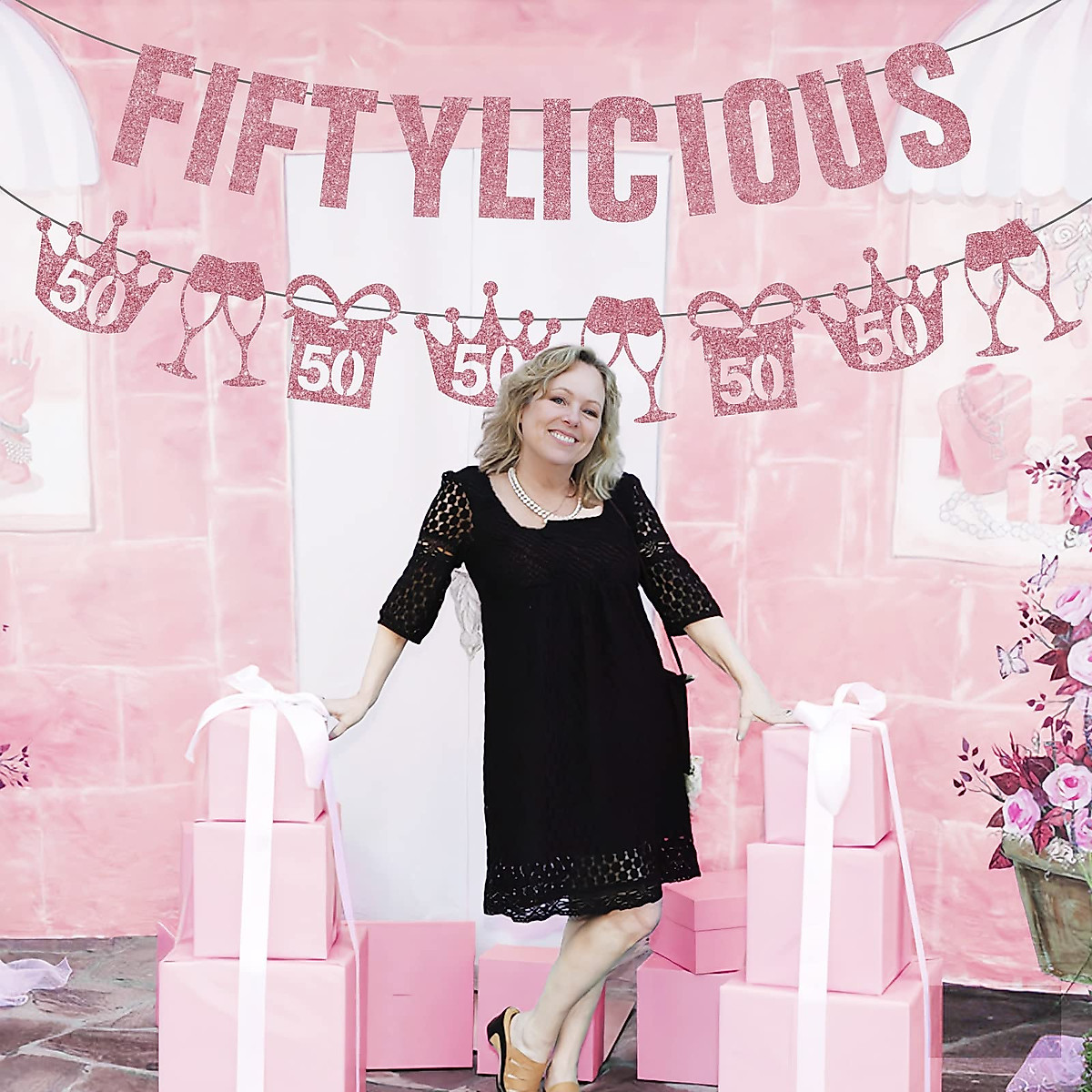 Happy 50th Birthday Banner Rose Gold, Fiftylicious Banner, 50 Year Old Party Decorations for Women, 50th Birthday Anniversary Milestone Decorations