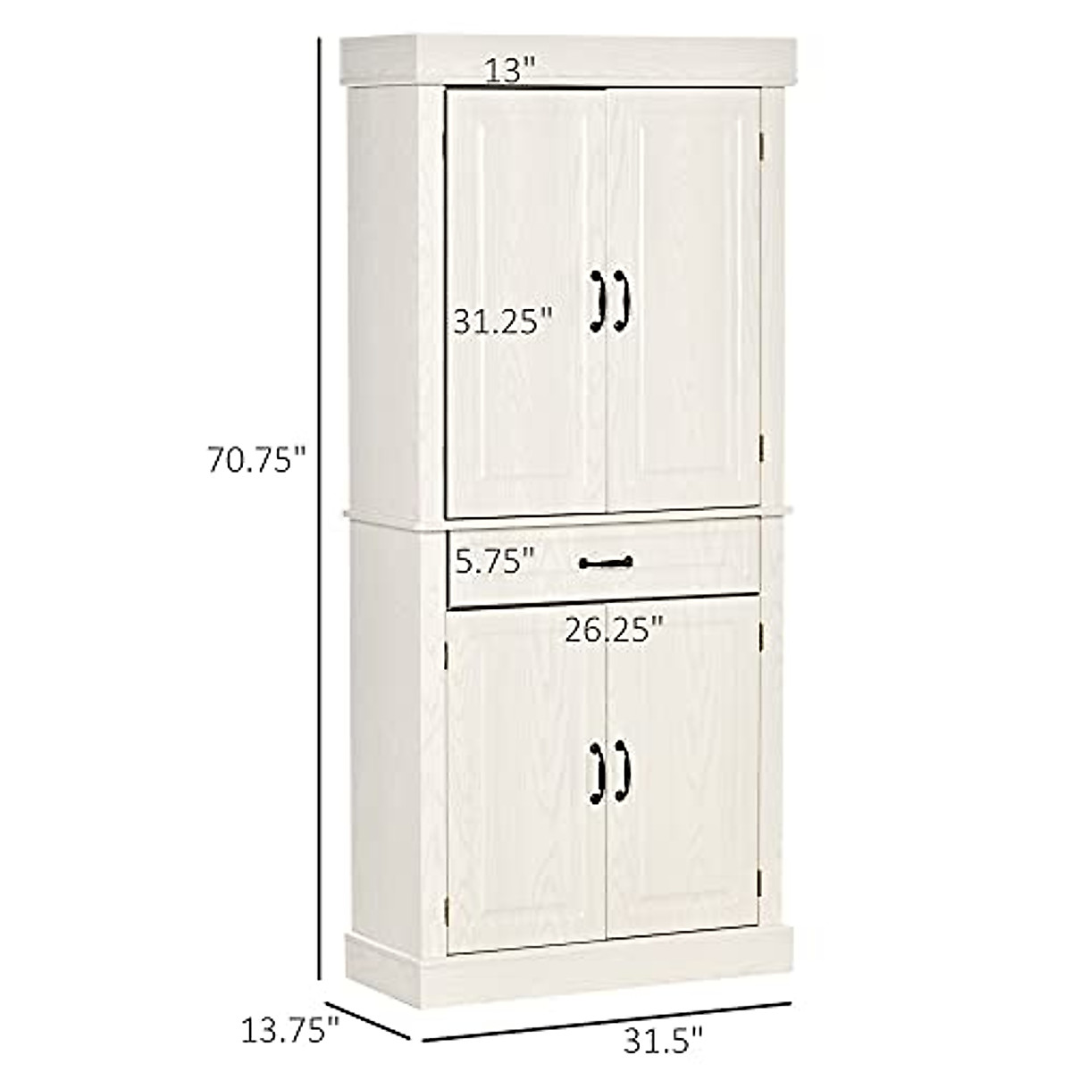 HOMCOM 71" Freestanding Kitchen Pantry with 4 Doors, and 2 Large Cabinets, Tall Storage Cabinet with Wide Drawer for Kitchen Dining Room, White