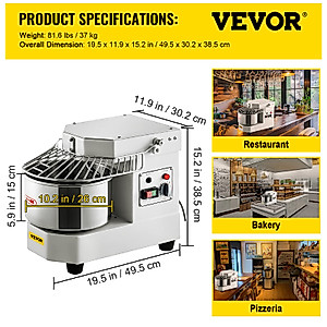 VEVOR Commercial Food Mixer, 8.5Qt Capacity, 450W Dual Rotating Dough Kneading Machine with Food-grade Stainless Steel Bowl, Security Shield & Timer Included, Baking Equipment for Restaurant Pizzeria