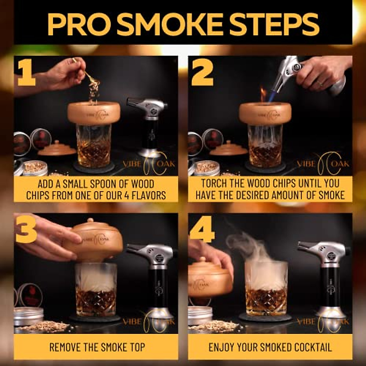 VibeOak Cocktail Smoker Kit with Torch 4 Flavors Wood Chips Bourbon - Cocktail Smoker Drink Whiskey Gift for a Friend - Easy to Use Drink Smoker Old Fashioned Cocktail Kit (Without Butane) (Black)