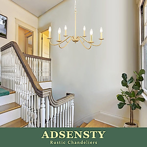 ADSENSTY Gold Chandelier for Dining Room, 6-Light Modern Farmhouse Chandelier Ceiling Light Fixture, Rustic Industrial Candle Chandeliers for Bedrooms, Foyer, Hallway, Kitchen, Living Room