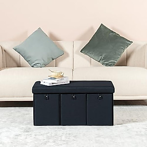 PINPLUS Storage Ottoman Bench with Drawers, 30inches Black Linen Fabric Folding Storage Chest Padded Seat Modern Dressing Stool, Footrest Shoe Bench for Bedroom Bathroom Living Room Entryway Offices