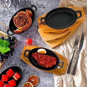 Mifoci 12 Sets Cast Iron Skillet with Wooden Base Mini Cast Iron Fajita Plates Oval Dish Tray Serving Sizzling Plate Cast Iron Pan for Baking Roasting Cooking Kitchen Restaurant,8.7 x 4.7 x 1.6 Inch