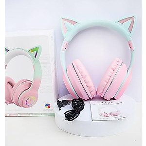 Hilifix Bluetooth Headphones Over Ear, LED Light Up Cat Ear Kids Headphones, Foldable Stereo Headphones Wireless Wired Headphones with Microphone for School/Study/Travel/PC/iPhone/iPad (Pink+Green)