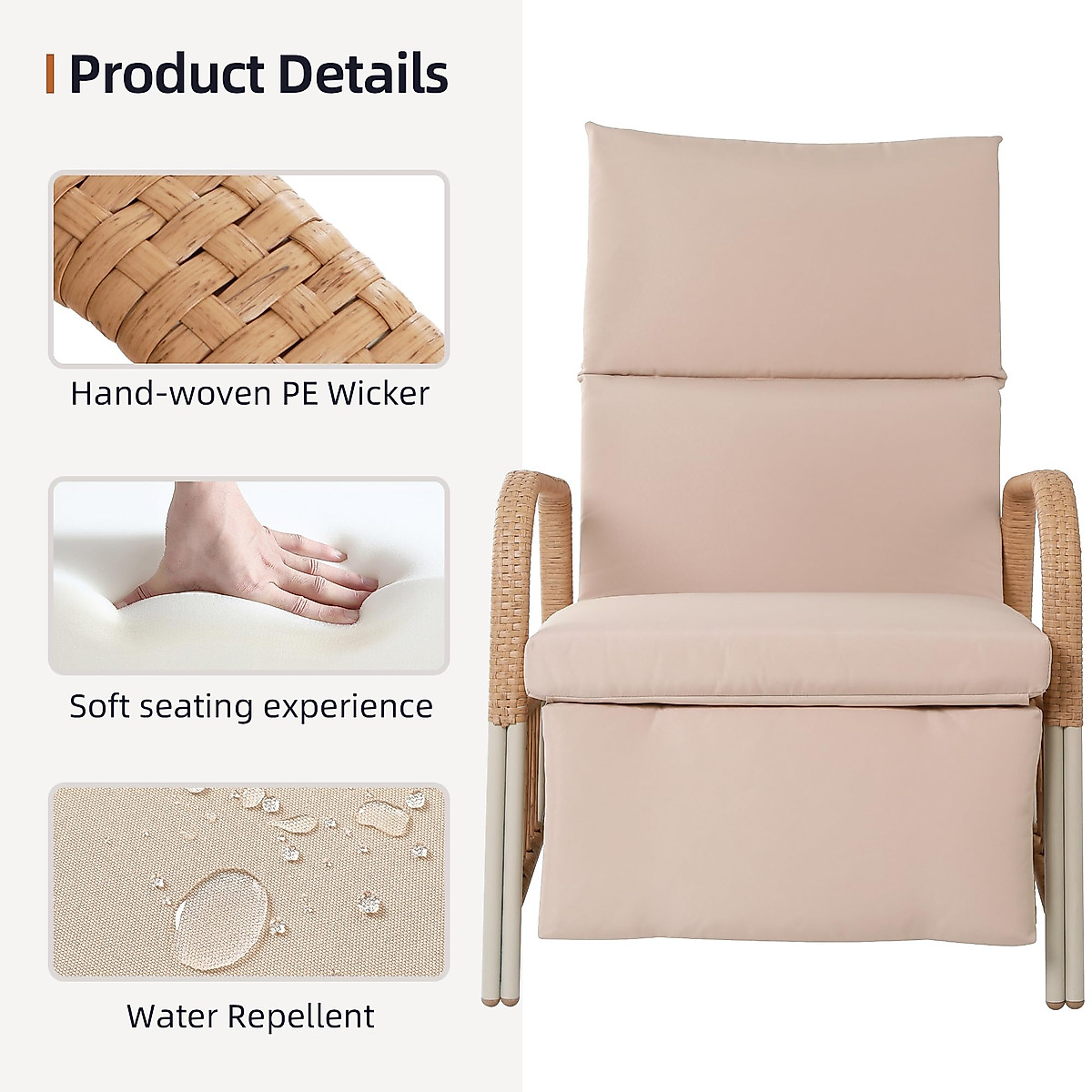 UPHA Outdoor Adjustable Recliner Chair with Thick Cushion,All-Weather Wicker Reclining Lounge Chair with Footrest for Deck, Backyard, Lawn,Beige