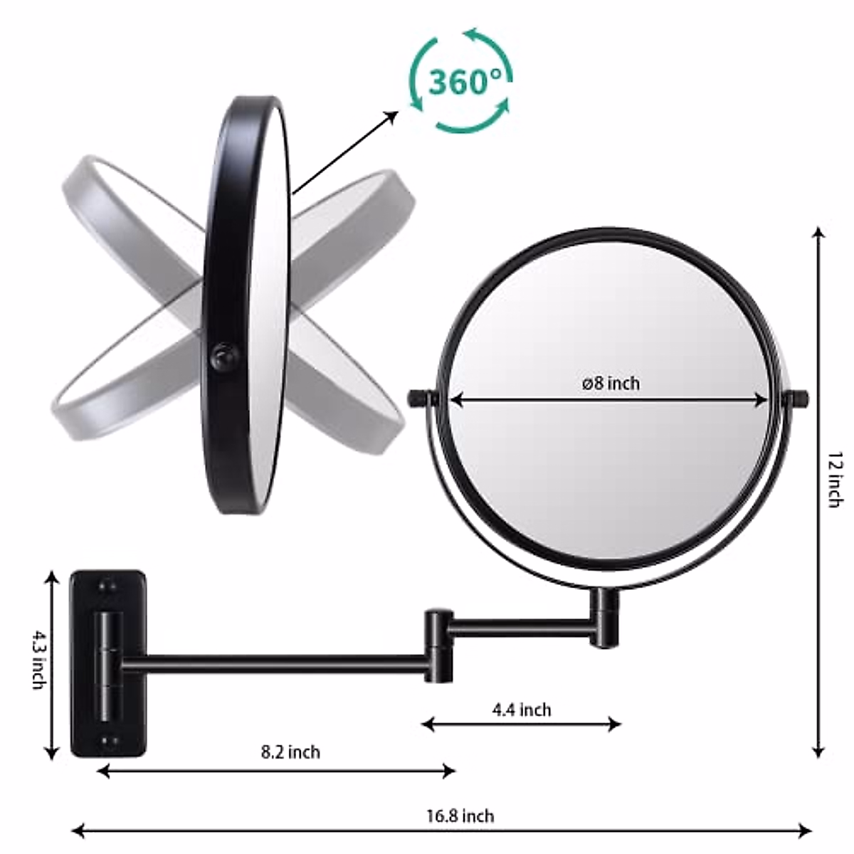 yinjupu Wall Mounted Makeup Mirror - 8-inch Double-Sided Magnifying Mirror with 360-Degree Rotation and Telescopic Lighting for Home Bathroom Shaving Vanity (Black)