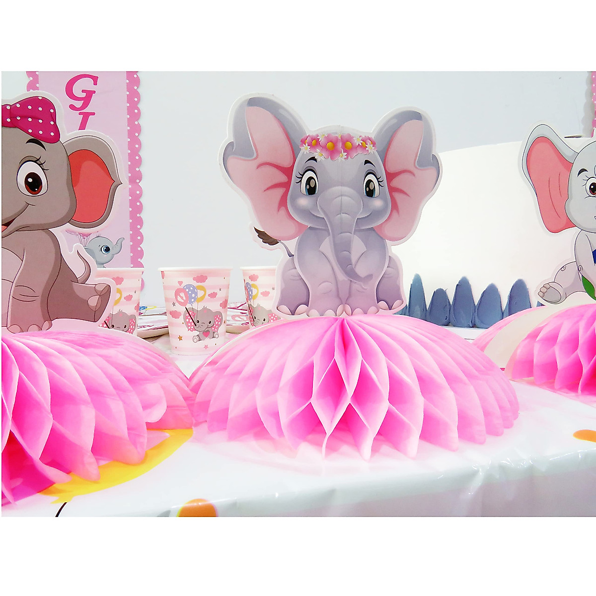 Welliboom Pink Elephant Honeycomb Centerpieces It's A Girl Table Decorations Door Hanging Porch Sign,Little Peanut Cutouts for Elephant Theme Baby Shower,Baby Girl Welcome baby Party Supplies