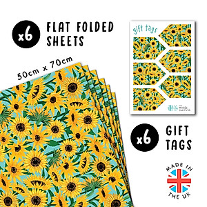 CENTRAL 23 Floral Wrapping Paper - Sunflowers Gift Wrapping Paper - Blue Yellow Boho Vintage - Bridal Shower Gift Wrap - 6 Sheets - For Women Men Birthdays Wedding Easter - Recyclable