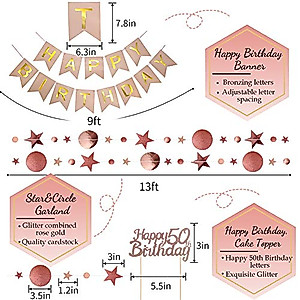50th Birthday Decorations for Women, Happy Birthday Banner, 50th Birthday Cake Topper Rose Gold Curtain Happy 50th Birthday Sash Number 50 Foil Balloon for Anniversary Decor Birthday Party Backdrop