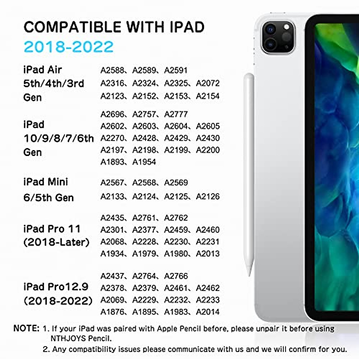 Stylus Pen Compatible with (2018-2022) Apple iPad, NTHJOYS iPad Pencil with Palm Rejection, Tilt, Magnetic, Active Pen for iPad Pro (11/12.9), iPad 6/7/8th Gen, iPad Air 3rd/4th Gen, iPad Mini 5th Gen