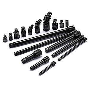 MIXPOWER 18 Pieces Drive Tool Accessory Set, CR-V Steel with Black Phosphate Finish, Includes Socket Adapters, Extensions and Universal Joints and Impact Coupler, Professional Socket Accessories