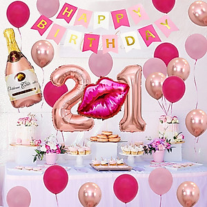 Pink 21st Birthday Decorations for Her Rose Gold Hot Pink Balloons, Happy Birthday Banner Pink, 21 Balloon Number Rose Gold, Hot Pink Lips Balloon, Champagne Bottle Balloon, Finally 21 Bday Supplies