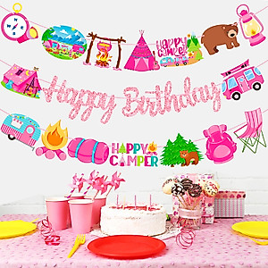 Happy Camper Birthday Party Banners Girls Camping Birthday Decorations 2PCS Happy Camper Party Decorations Camping Party Decoration for One Happy Camper Baby Shower Supplies