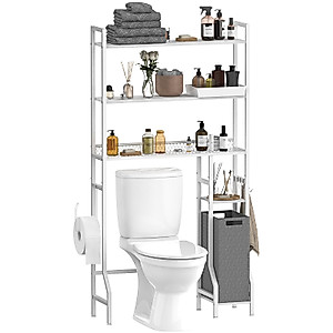 NOVIMANGO Over The Toilet Organizer White, Bathroom Space Saver Over Toilet, 5-Tier Bathroom Over Toilet Storage, Above Toilet Stand with 4 Hooks for Restroom, Laundry