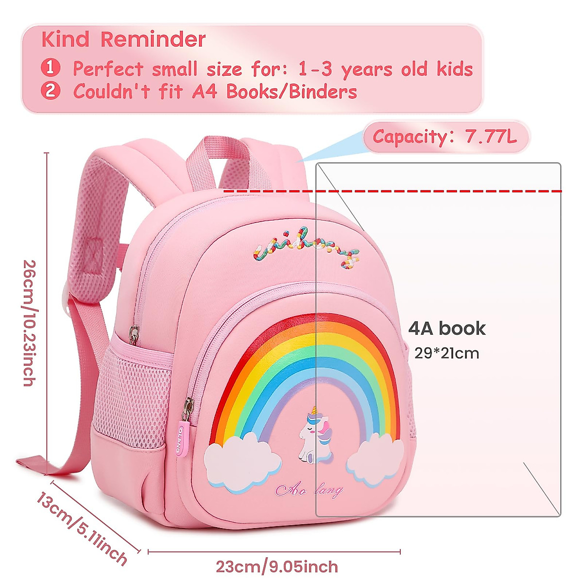 MUSEVOS Rainbow Toddler Backpack for Kids 1-3, Mini Toddler Backpack Boys 2-3 Year Old Girls, Small Neoprene Preschool Backpack for Kids with Anti-lost Safety Leash for Daycare Outdoor