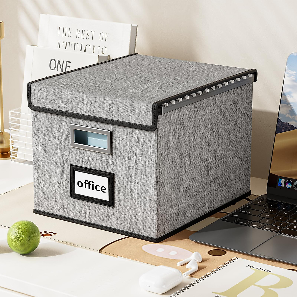 Huolewa Upgraded Portable File Organizer Box with Lids, Collapsible Linen Hanging Filing Storage Boxes with Plastic Slide, Decorative Home/Office Filing System for File and Folders Storage (Gray)