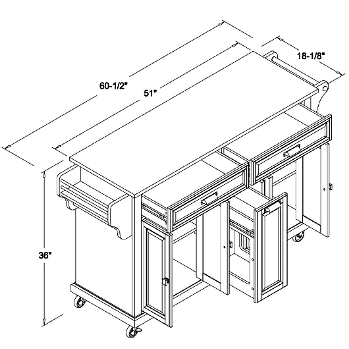 YWUFUART Solid Wood Kitchen Trolley with Storage Cabinet, Rolling Mobile Kitchen Island with Seasoning Rack and Towel Rack for Kitchen (Black)