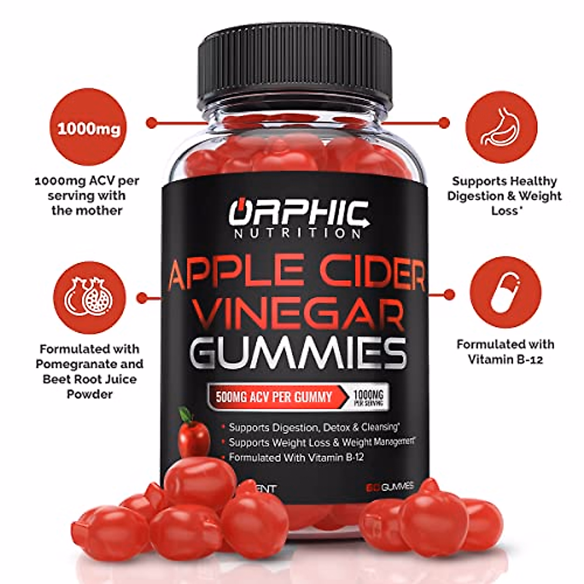 Apple Cider Vinegar Gummies - 1000mg -Formulated to Support Weight Loss Efforts, Normal Energy Levels & Gut Health* - Supports Digestion, Detox & Cleansing* - ACV Gummies W/ VIT B12, Beetroot
